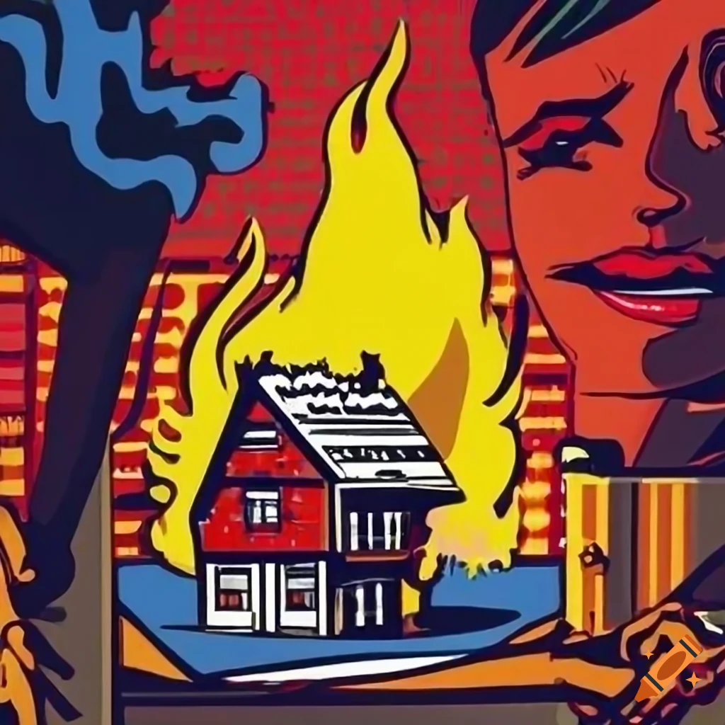 Pop art style image of people setting fire to a house