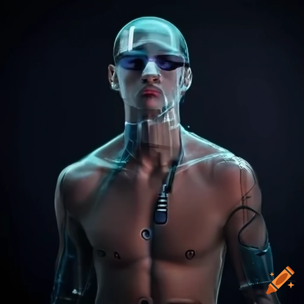 Transparent cyborg filled with white led lights in a photorealistic ...