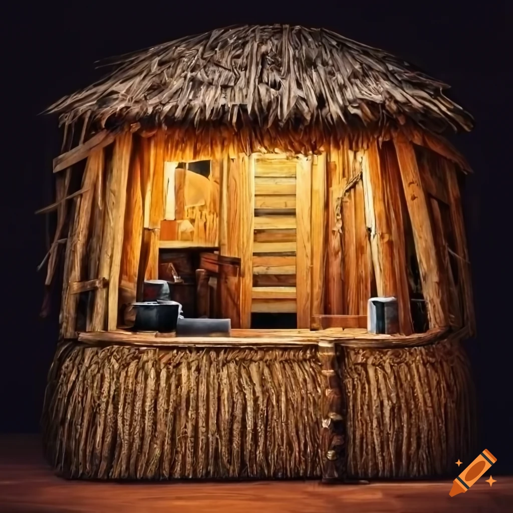 Interior of a straw hut weapon shop with display wall on Craiyon
