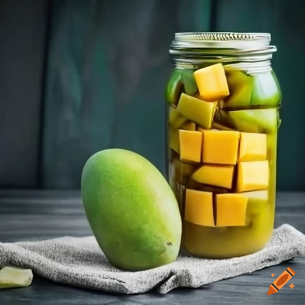 Green mango fruit and pickled mango in jars on Craiyon