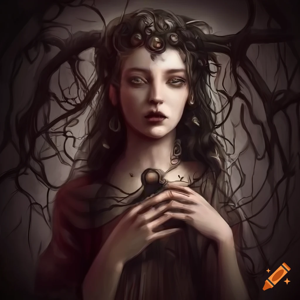 Illustration of a young witch with black thread hair on Craiyon