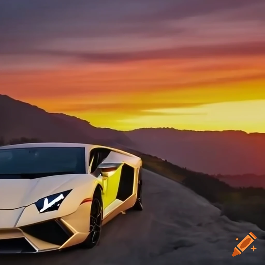 Lamborghini Aventador with a stunning sunset backdrop on Craiyon