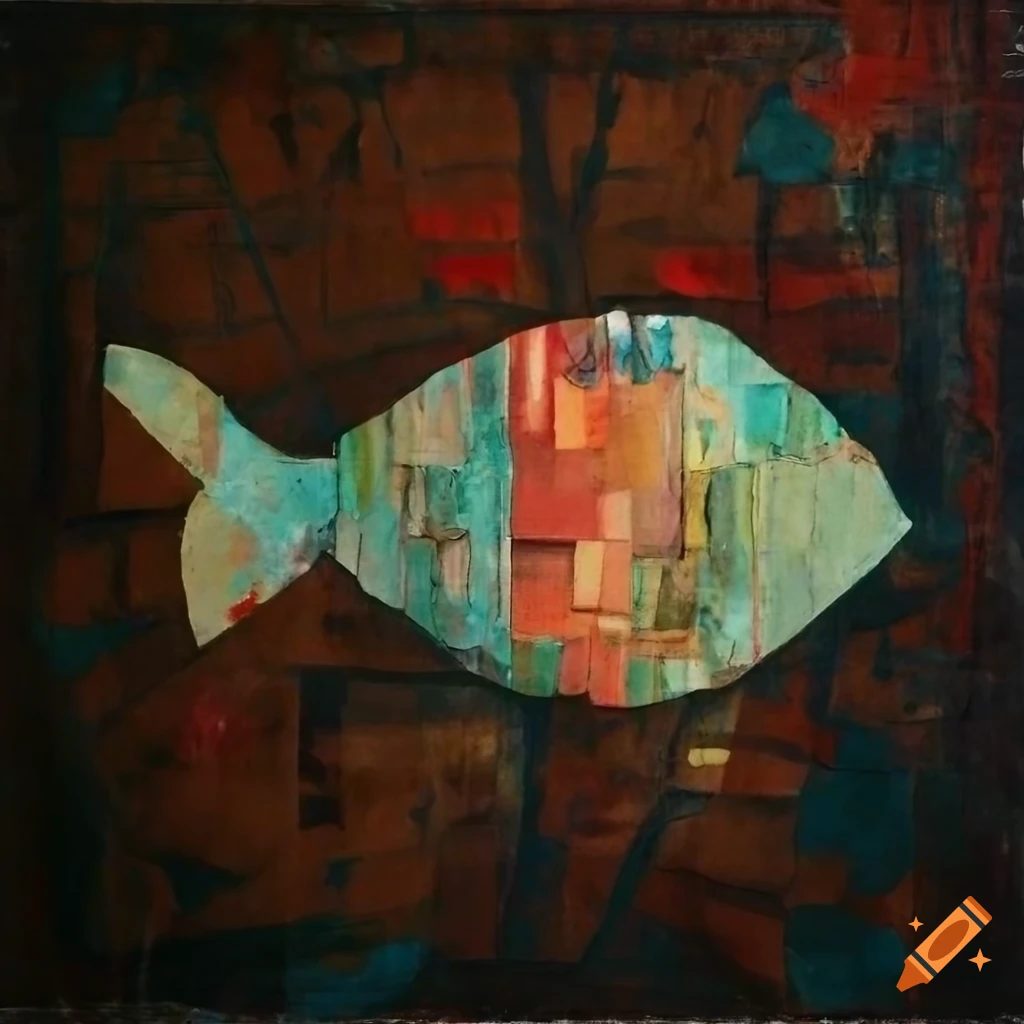Mixed media collage of a fish shape with newspaper and oil paint on Craiyon