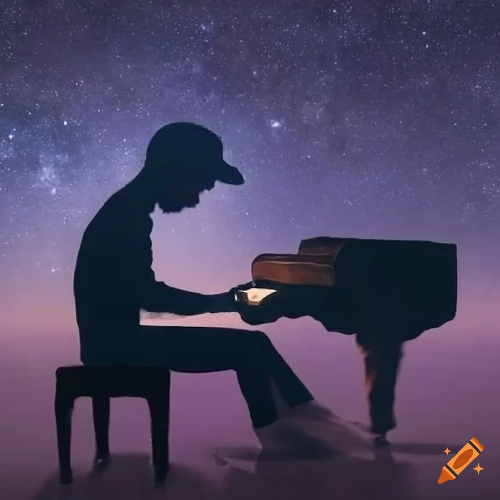 Man playing trumpet on a dark hill under a purple sky on Craiyon
