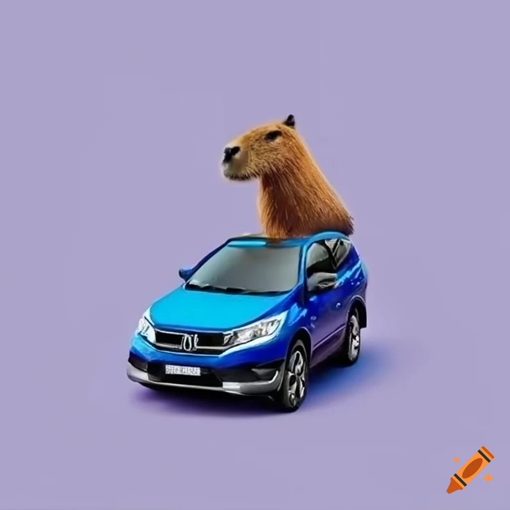 Capybara sitting on a blue honda crv car on Craiyon