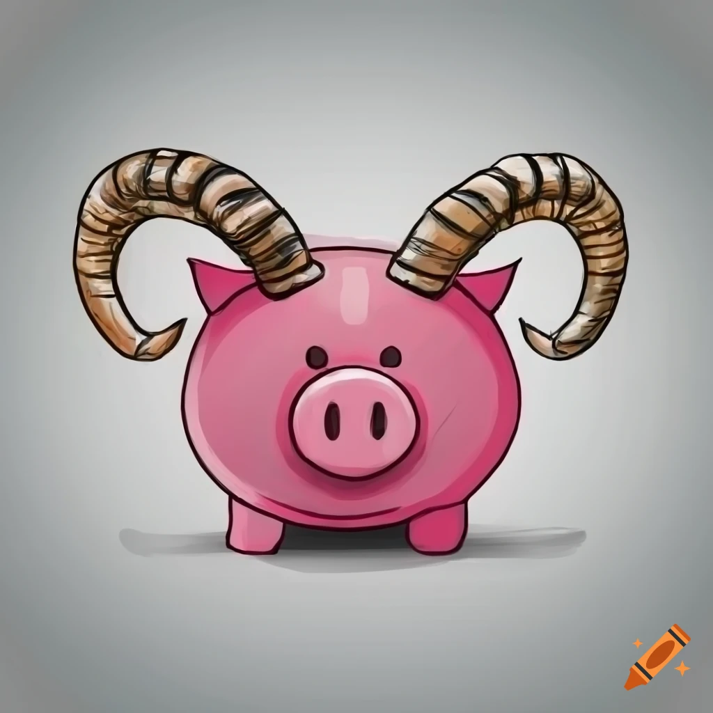 Drawing of a piggy bank with ram horns