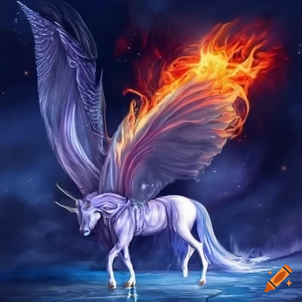 Image of a fiery-breathing unicorn in a mystical night on Craiyon