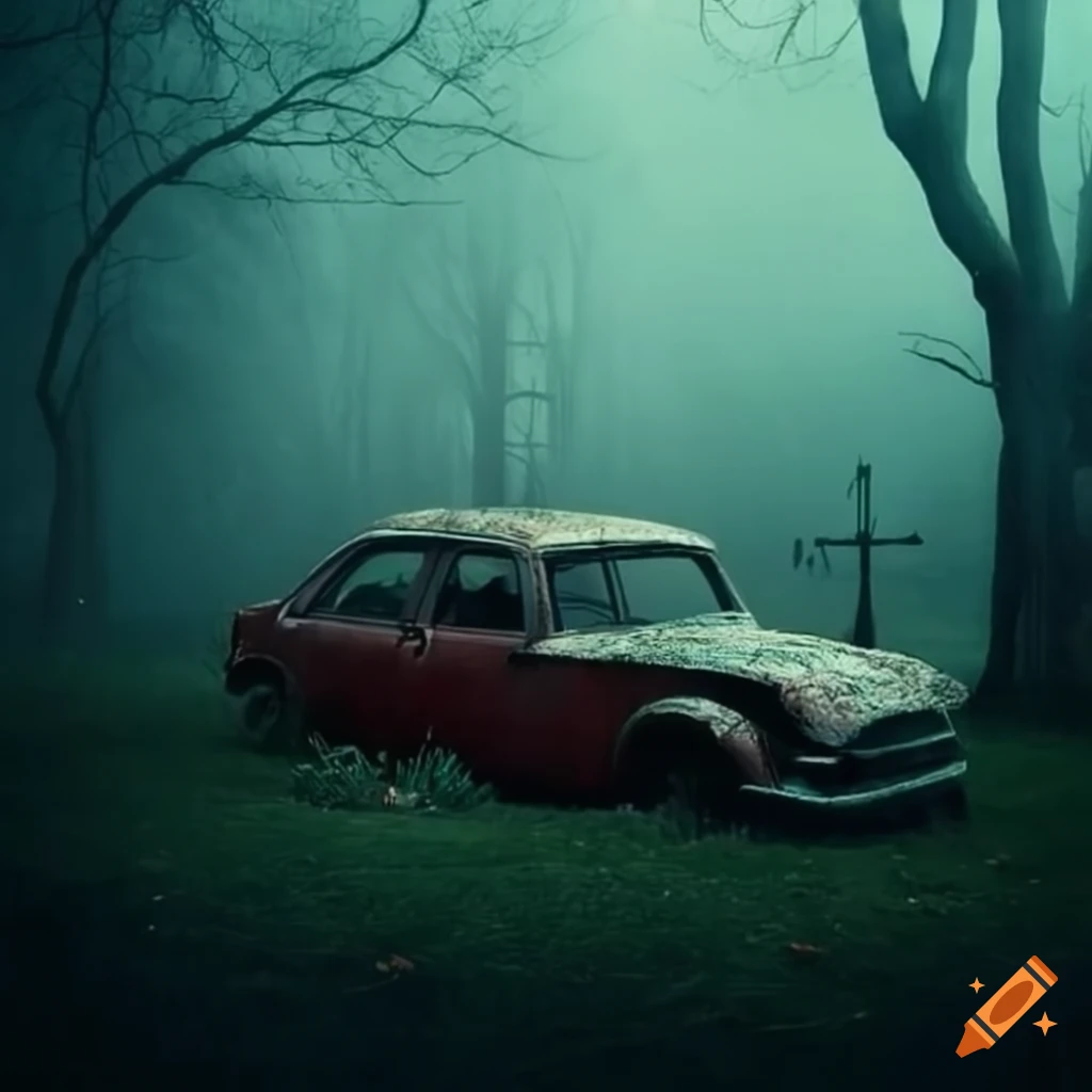 Eerie image of a graveyard with a tree and ruined car on Craiyon