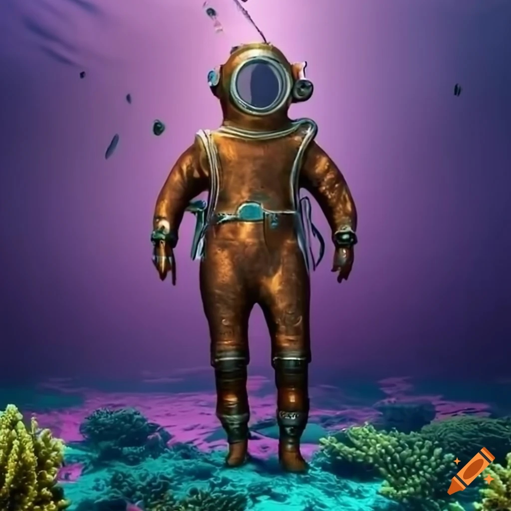 3d rendering of an old copper diving suit surrounded by colorful corals ...
