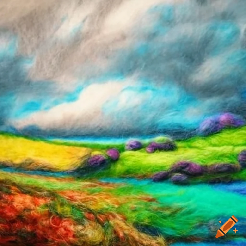Wool art of a gray cloudy irish landscape on Craiyon