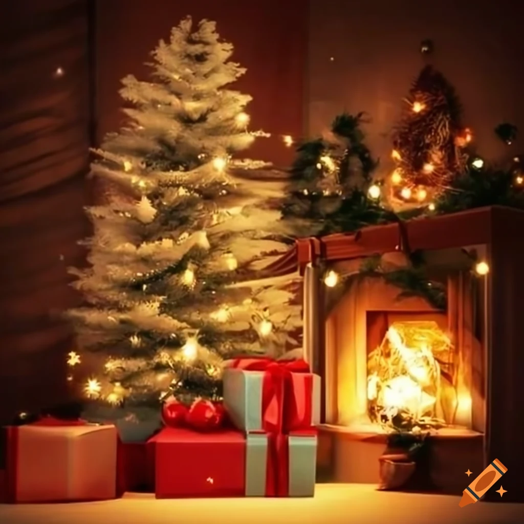 Cozy christmas home with a decorated tree and gifts on Craiyon