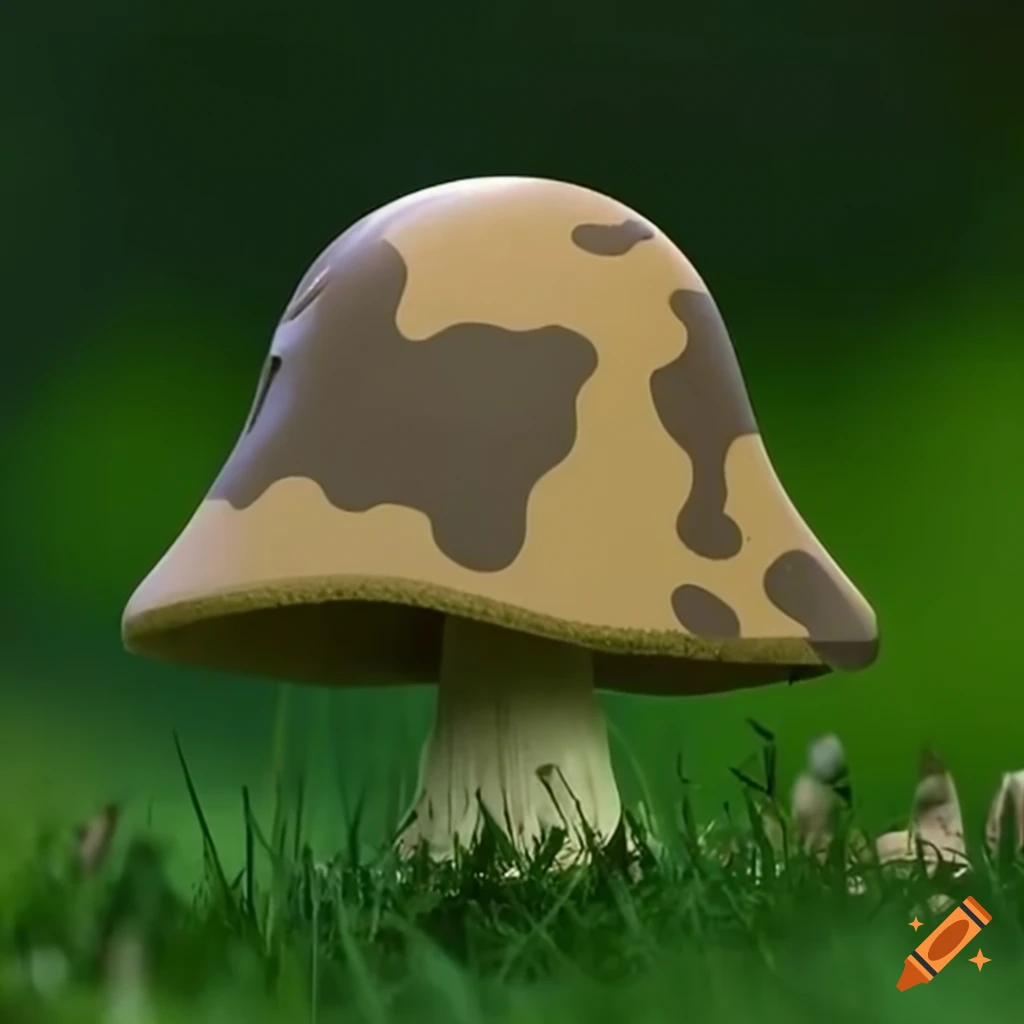 Camouflage mushroom with soldier's helmet on grass on Craiyon