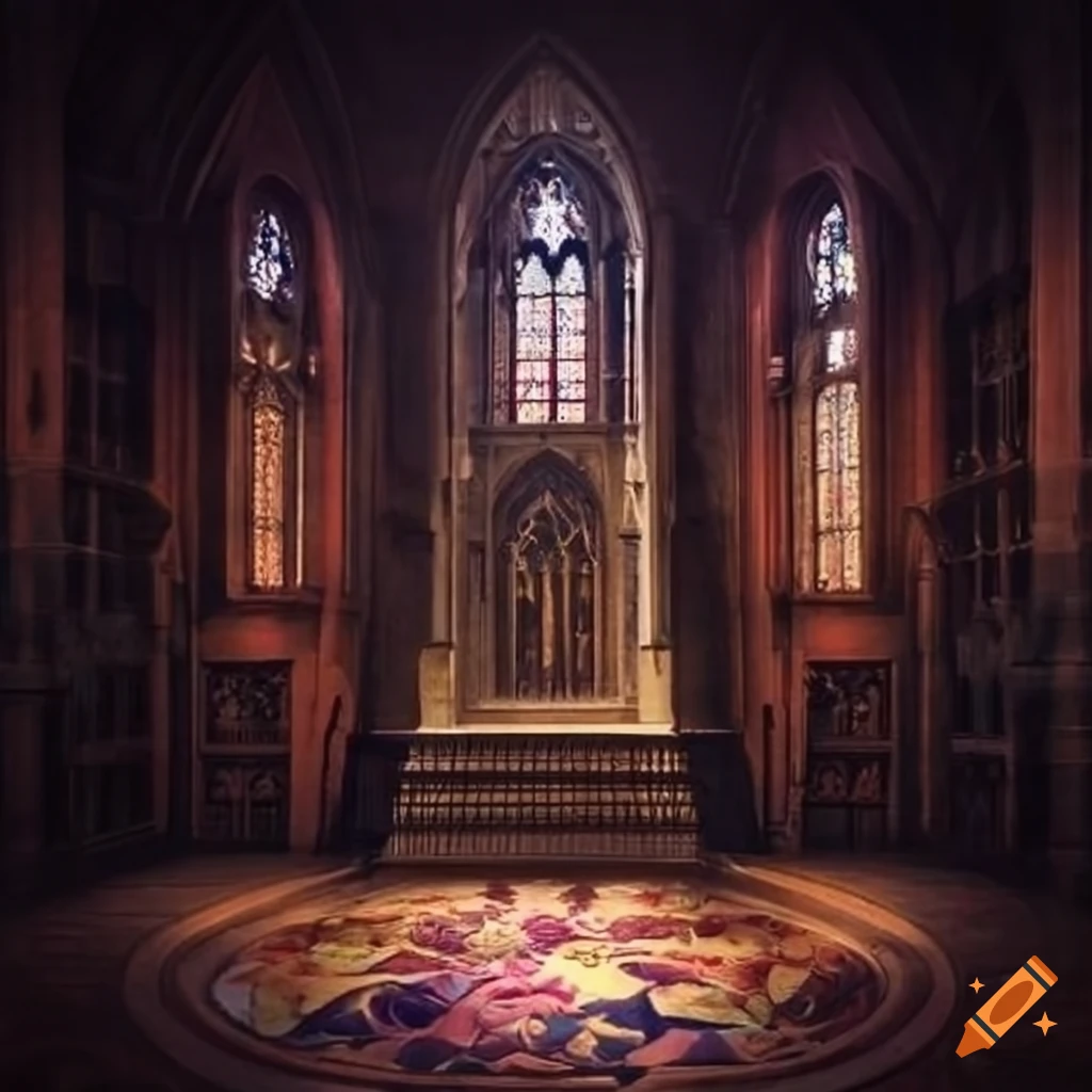 Dramatic lighting in a gothic library on Craiyon