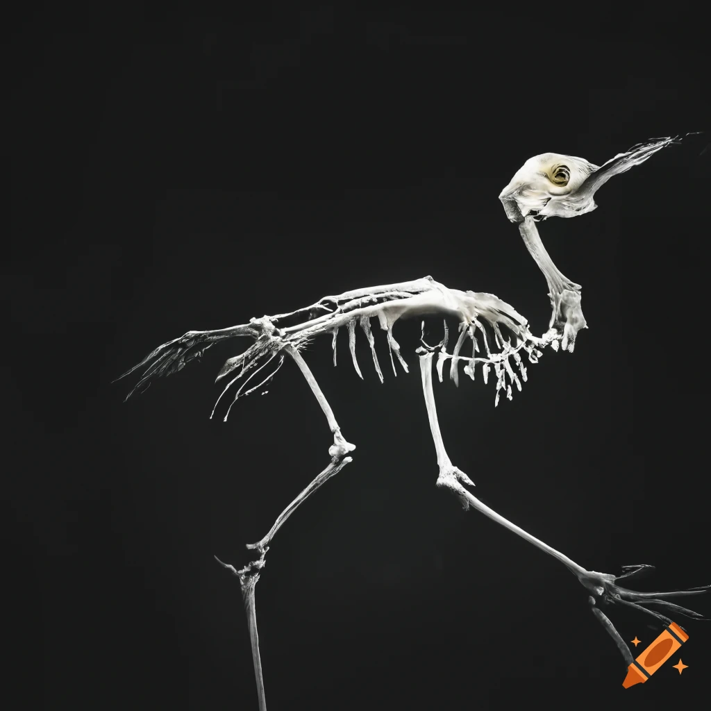 Monochrome photo of a bird skeleton in moss on Craiyon