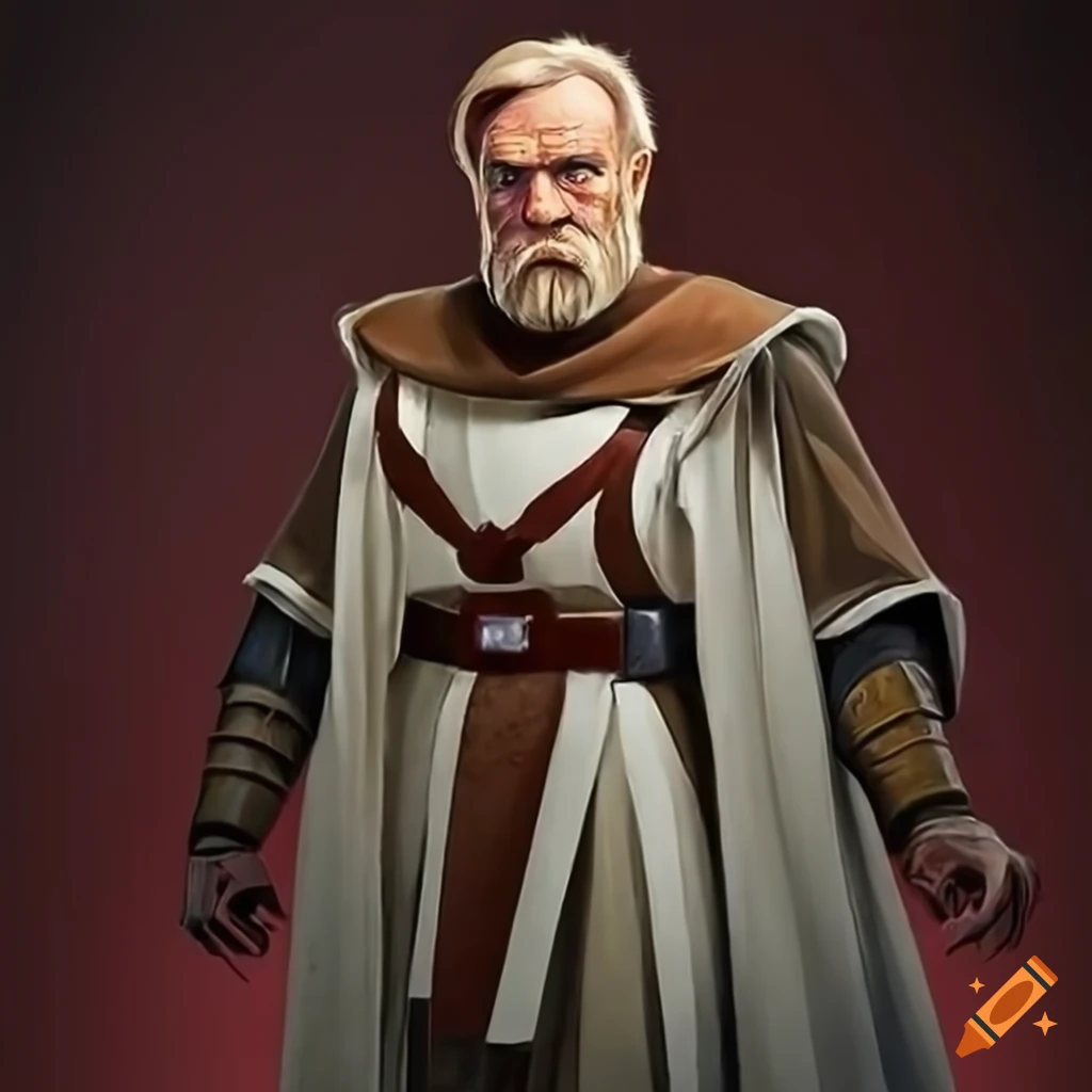 Artwork of Nappa fused with Obi Wan Kenobi in knight armor on Craiyon