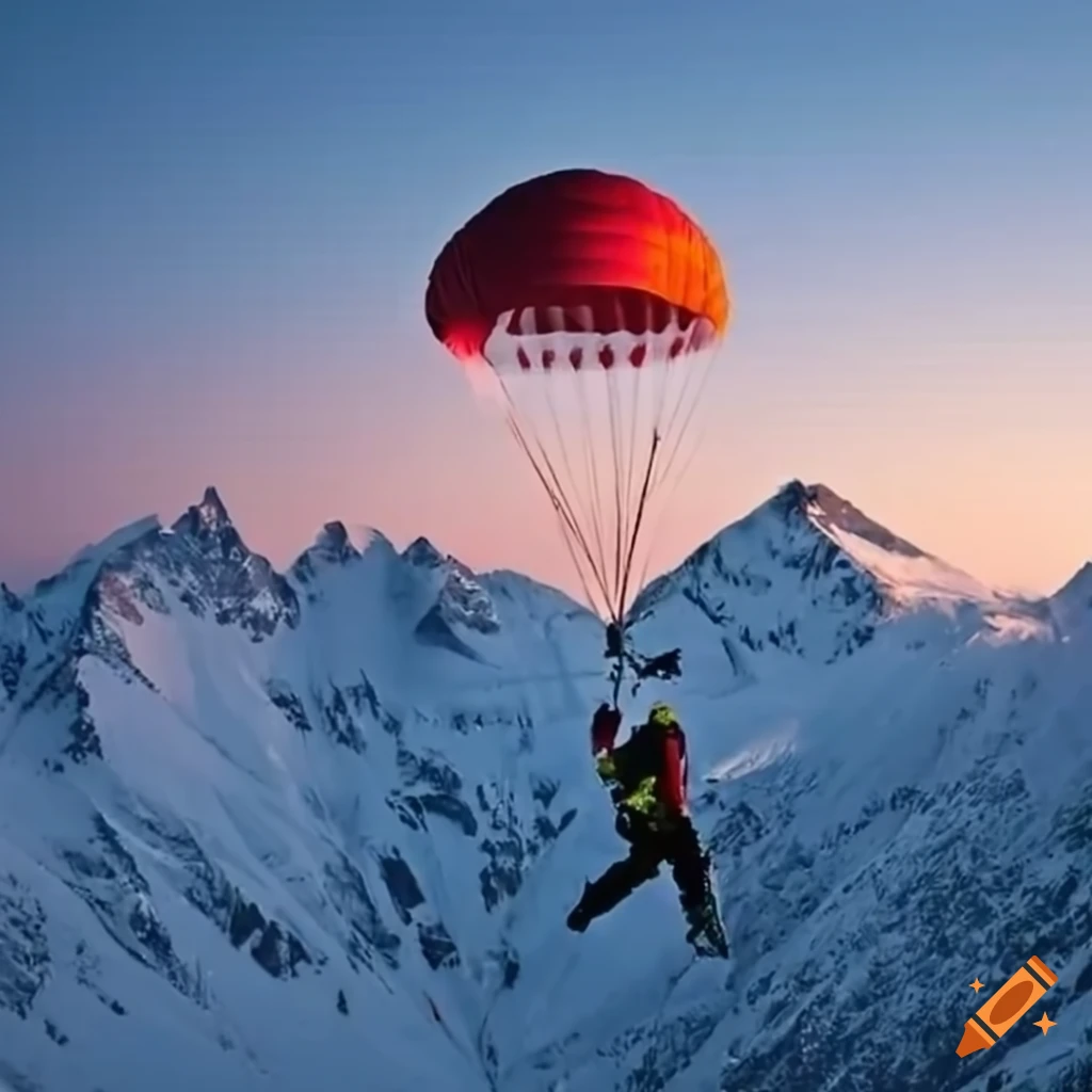 Skier parachuting off a mountain with explosions on Craiyon