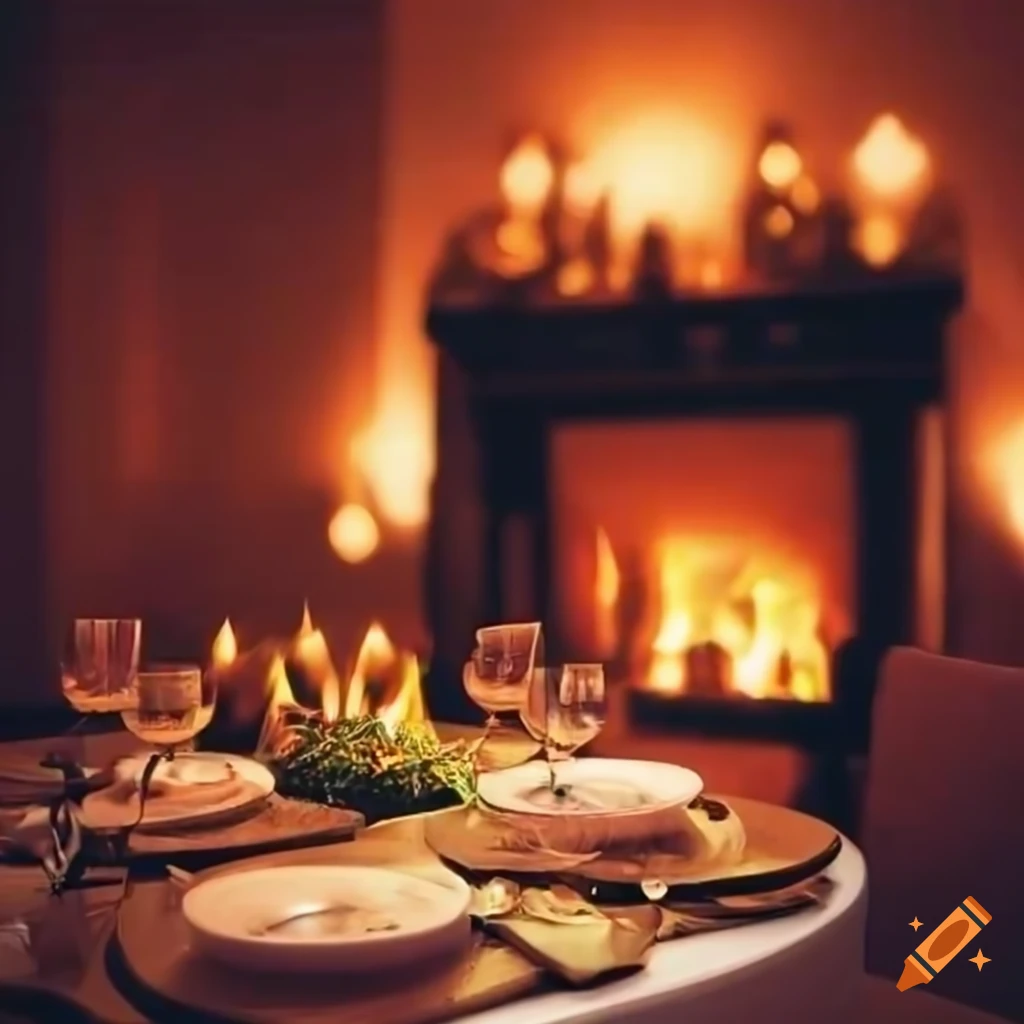 Festive holiday table set with fireplace in the background