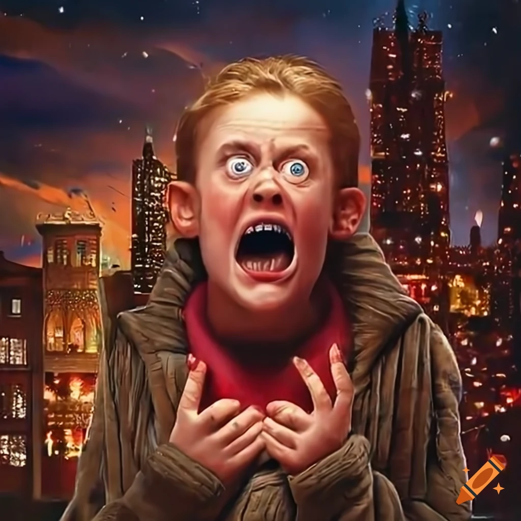 Kevin from Home Alone screaming in a surreal cityscape on Christmas on ...