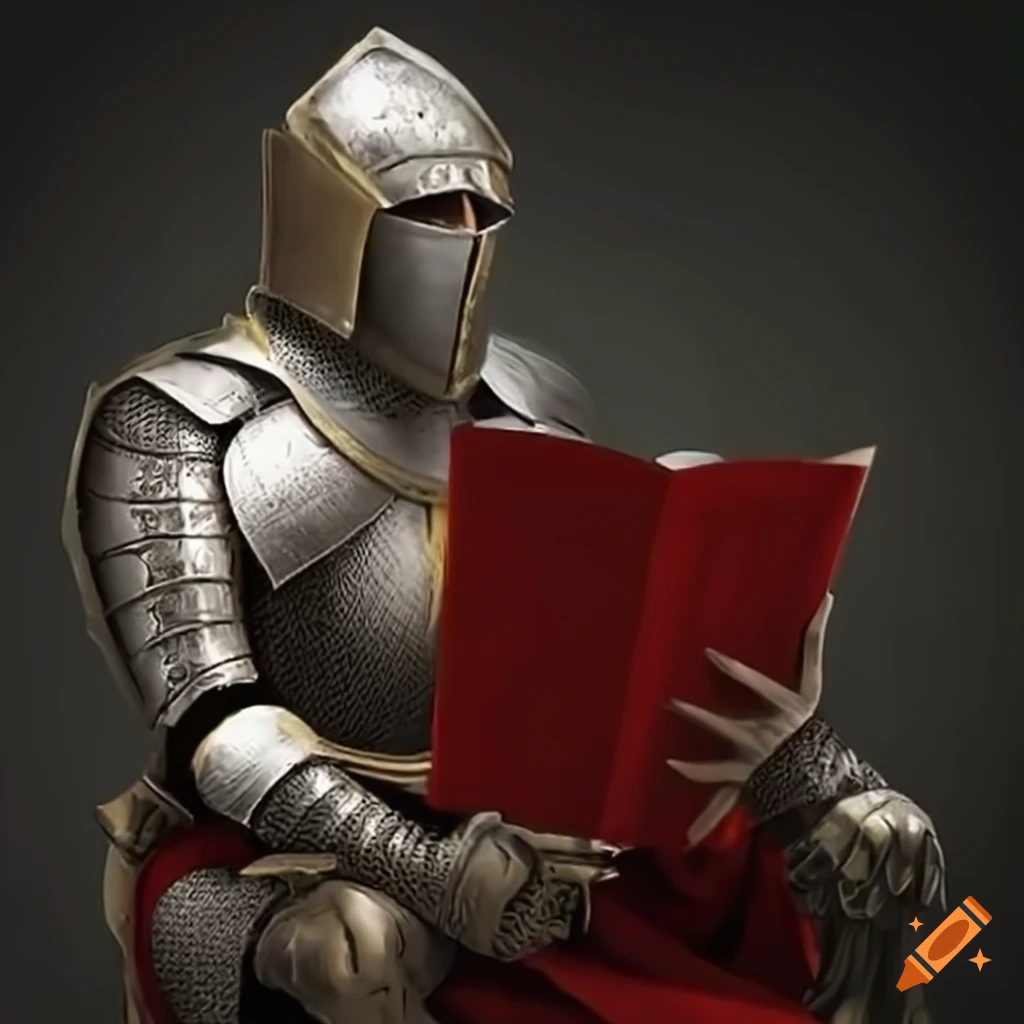 Animated knight in armor reading a book