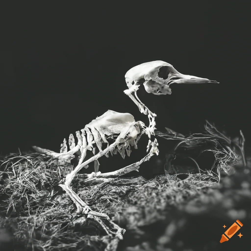 Monochrome photo of a bird skeleton in moss on Craiyon