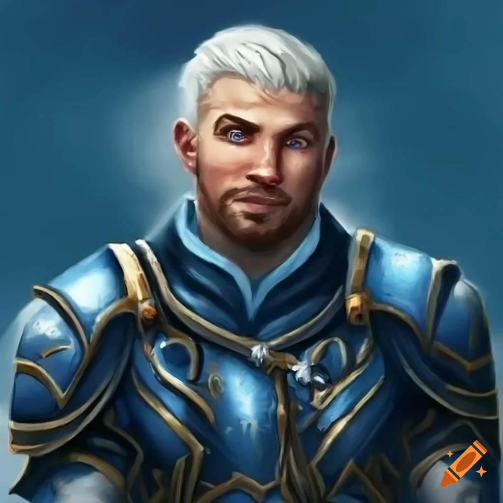 Blue and gold armored male dnd cleric with tattoos