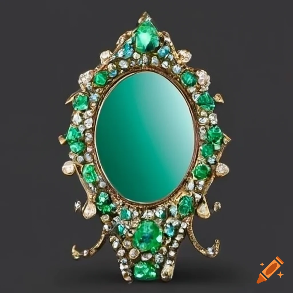 Beautiful hand mirror with green gemstones on Craiyon
