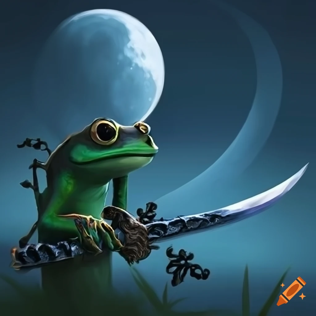Fantasy artwork of a frog holding a sword under moonlight