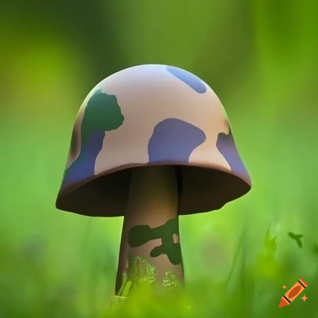 Camouflage mushroom with soldier's helmet on grass
