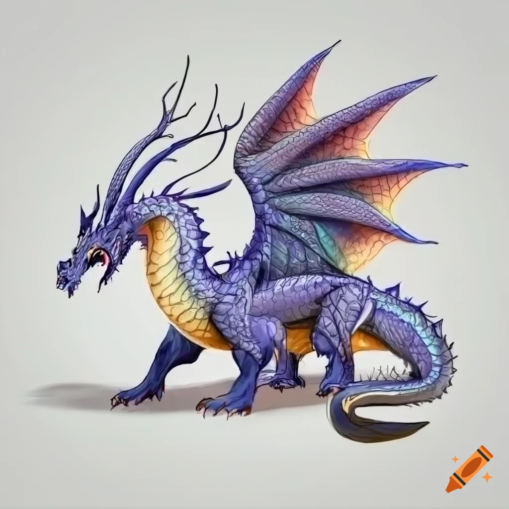 Detailed side view illustration of a dragon with wings on Craiyon