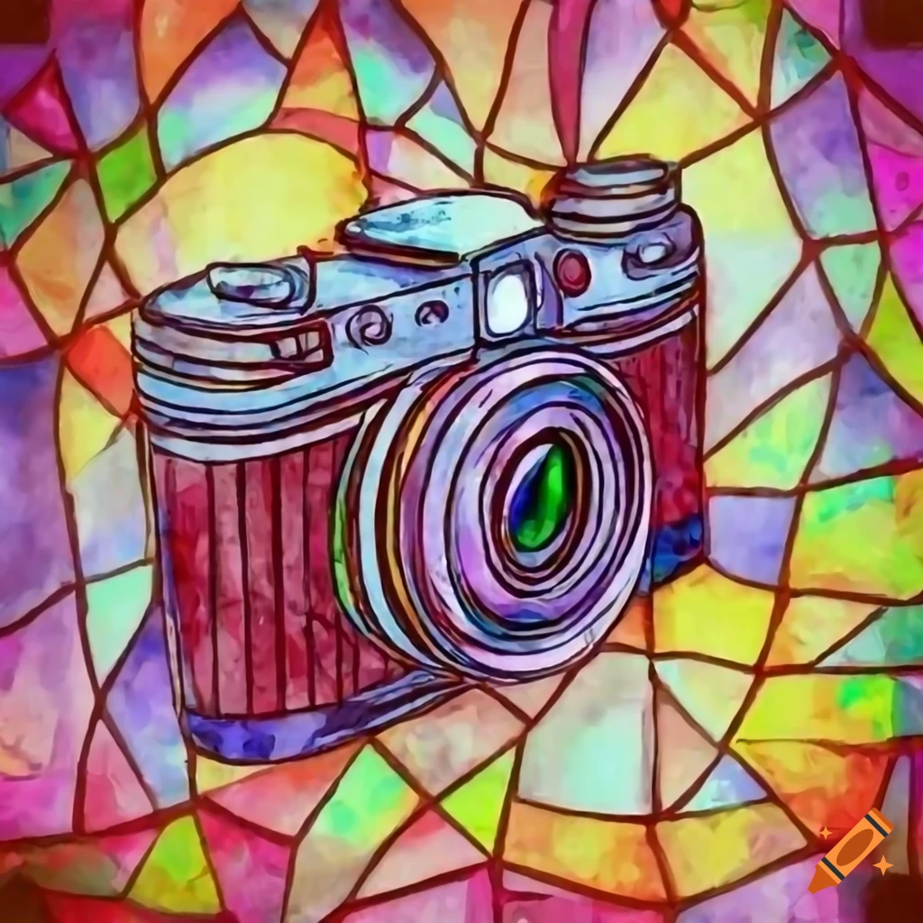 Watercolor painting of a retro camera with stained glass background