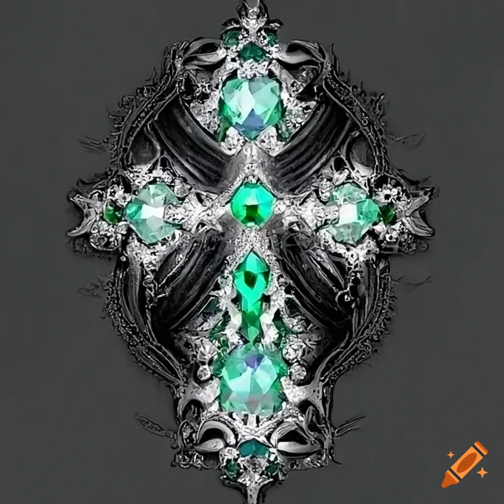 Silver gothic cross with emerald stones