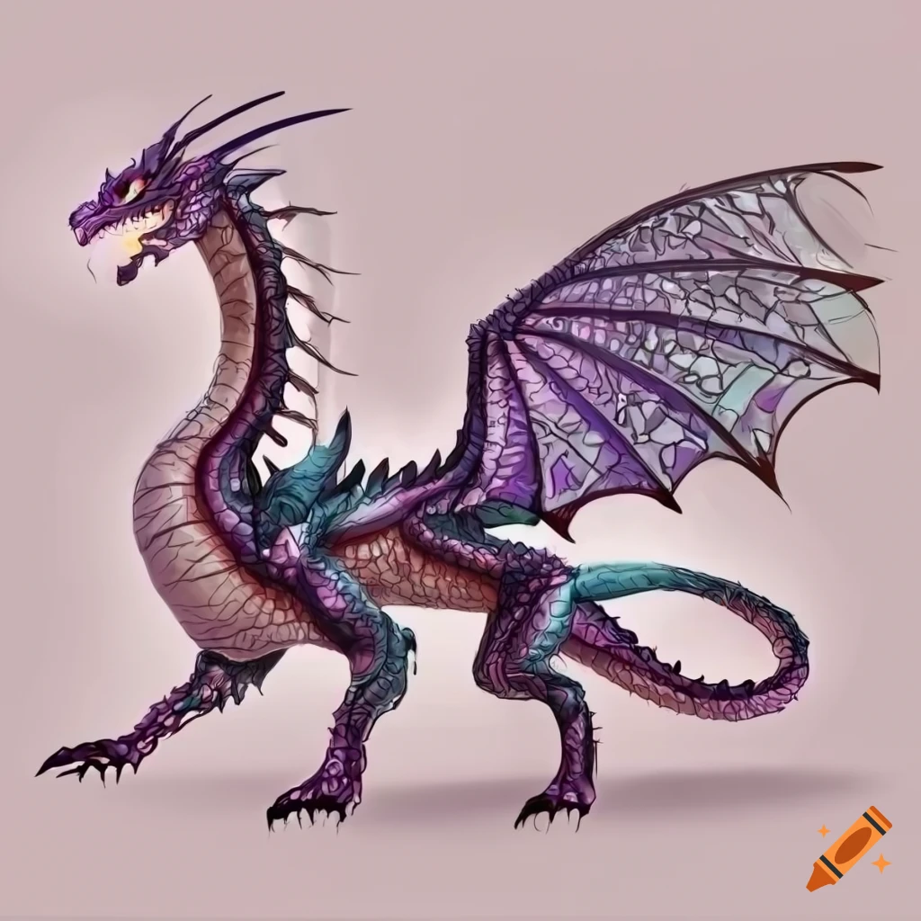 Detailed side view illustration of a dragon with wings and four legs on Craiyon