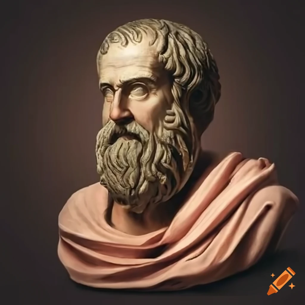 Realistic sculpture of seneca wearing a red toga on Craiyon