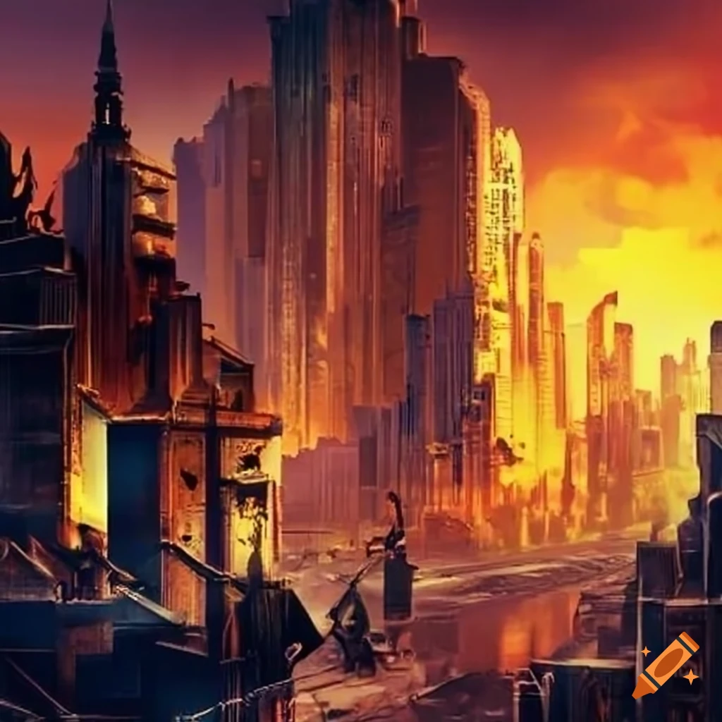 Abstract depiction of a war-torn battlefield with psychedelic colors on ...