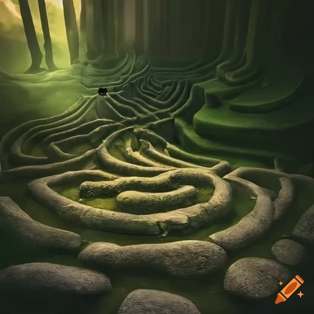 Scenic stone labyrinth with intricate pathways on Craiyon