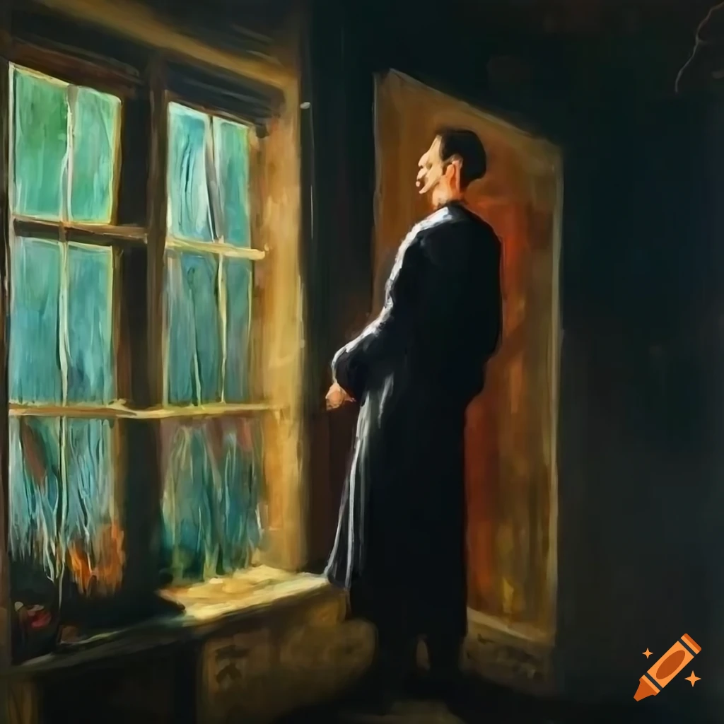 Painting of a man in front of a window in rain and thunder on Craiyon