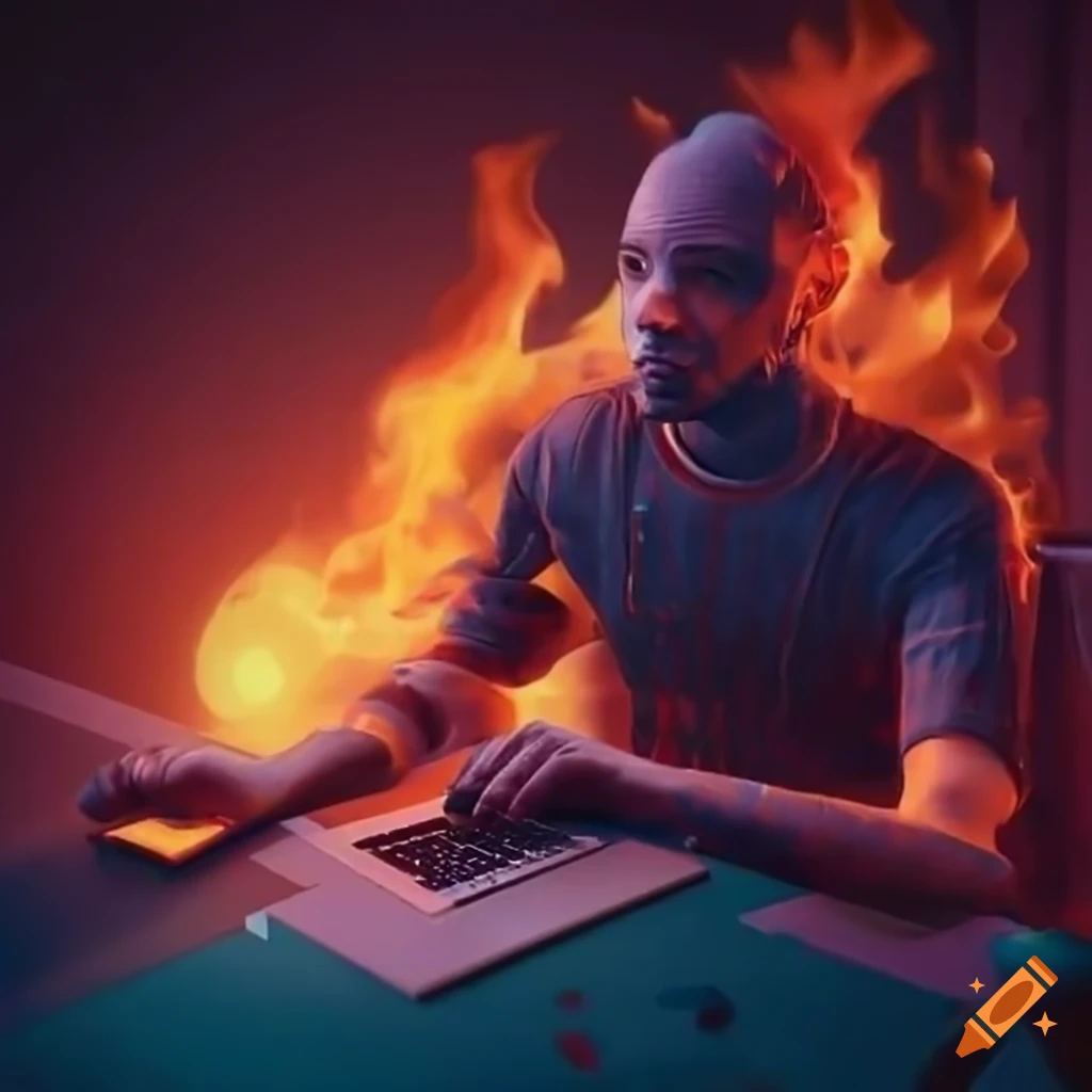 Concept art of a programmer working amidst chaos