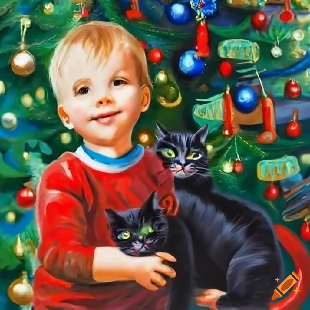 Toddler boy playing with black cats in a christmas tree on Craiyon