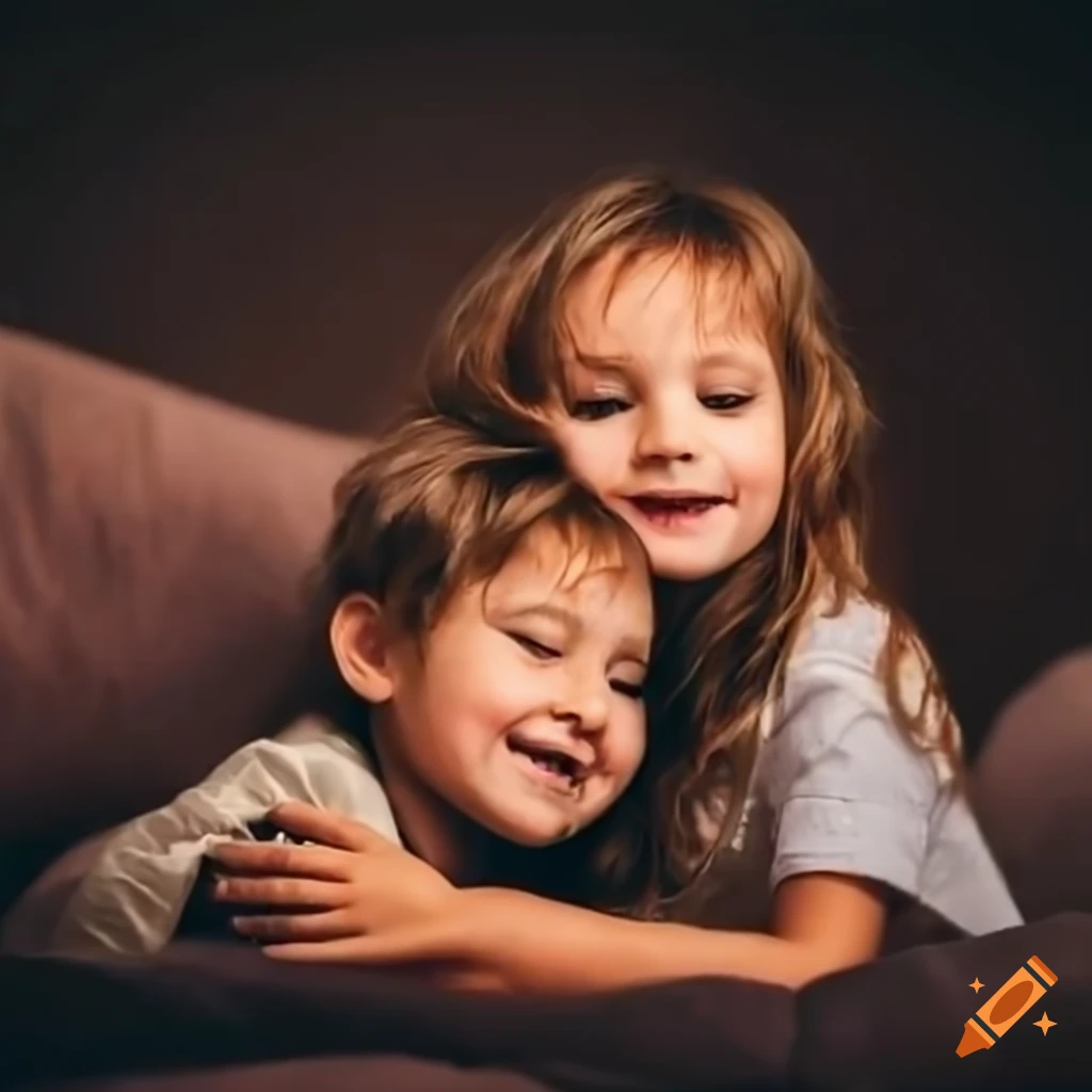 Siblings hugging and sleeping on a sofa on Craiyon