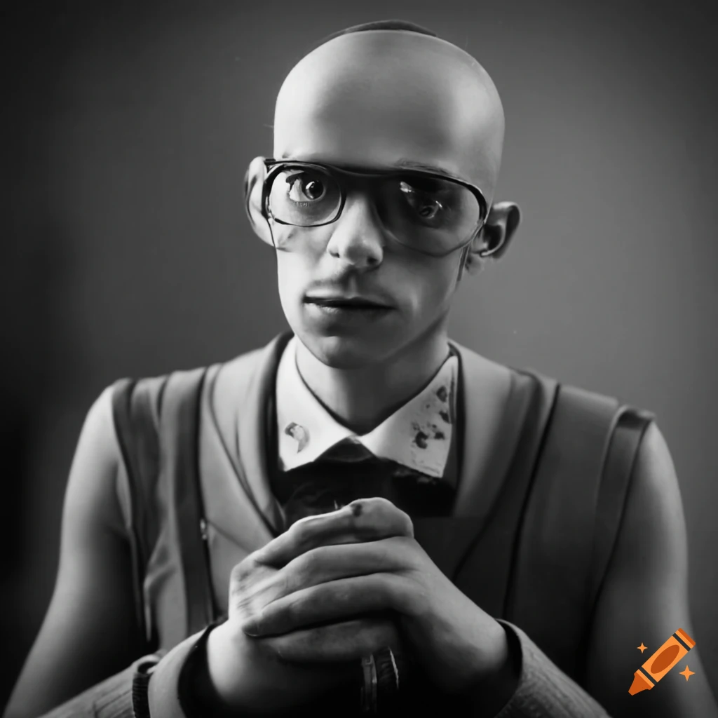 Photograph of a german male cyborg librarian