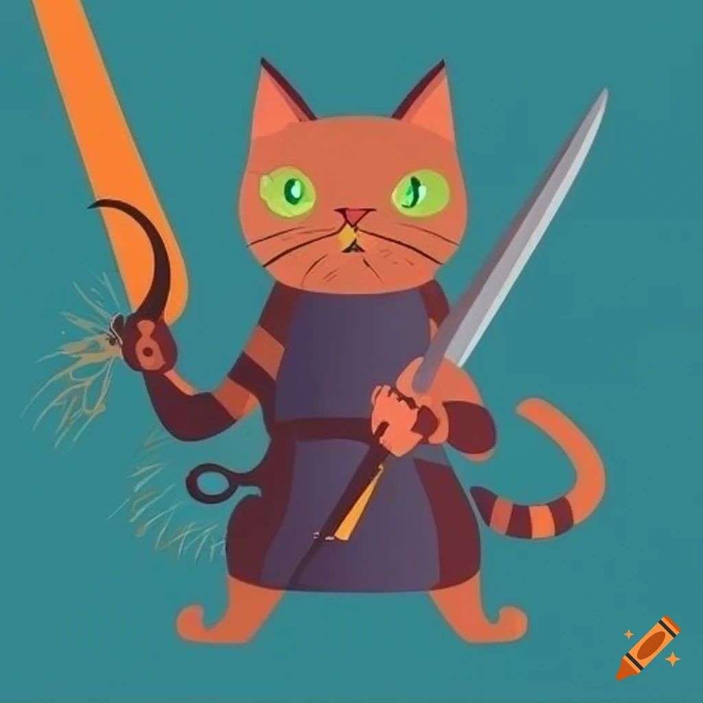 Abstract art of a cat holding a sword