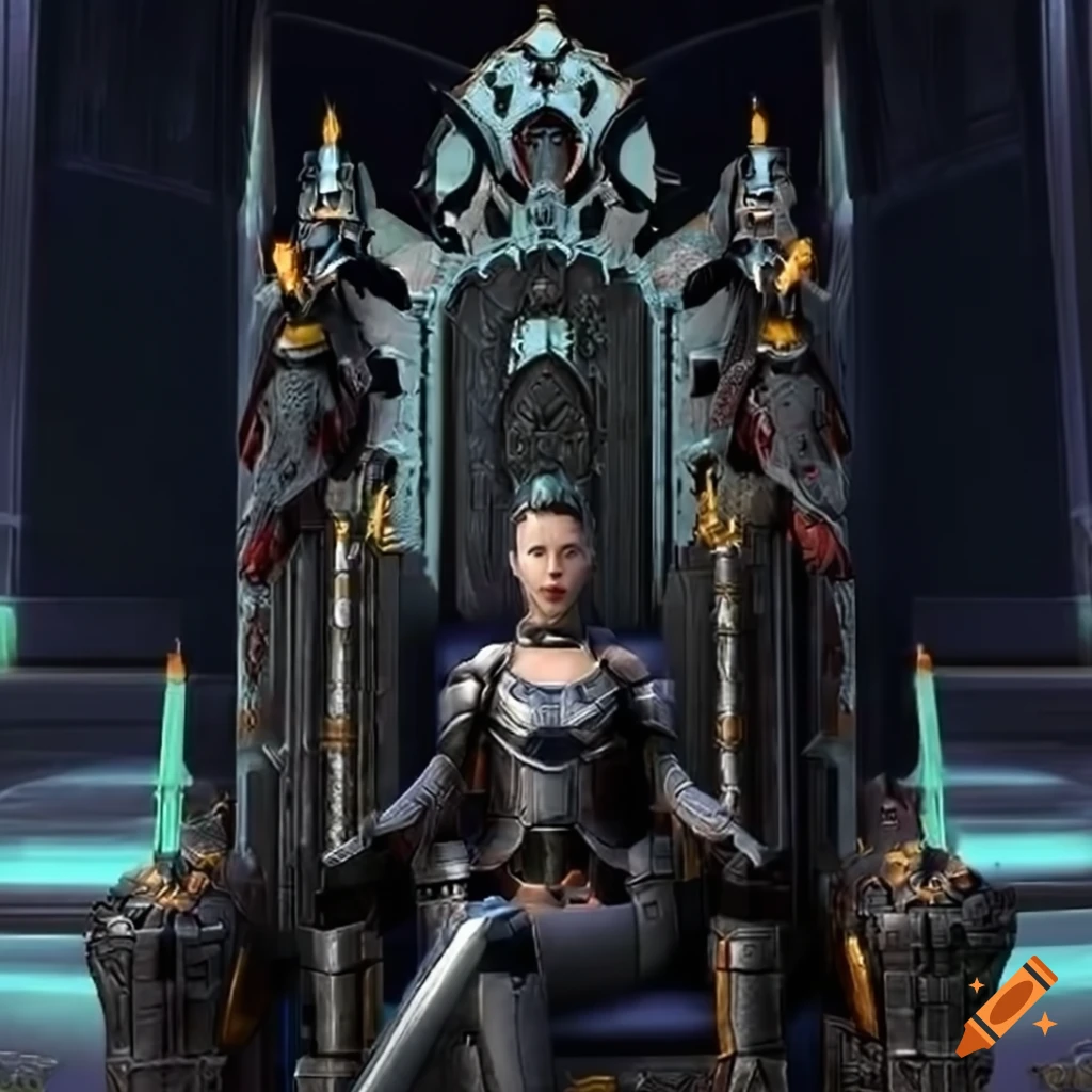 Image of a queen sitting on throne with futuristic guards on Craiyon