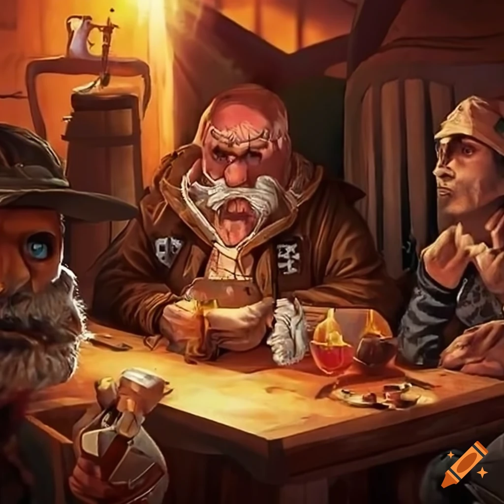 Bustling tavern with adventurers, soldiers, and merchants from various ...