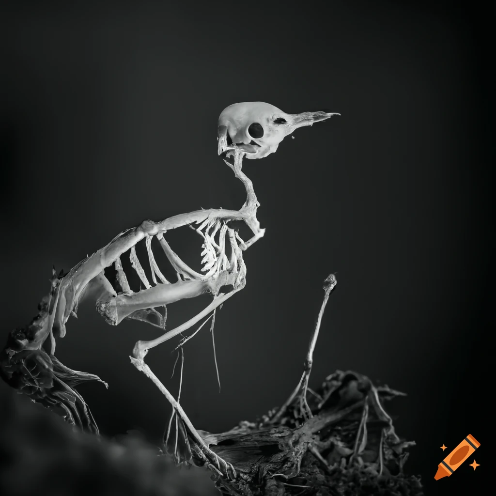 Monochrome photo of a bird skeleton in moss on Craiyon