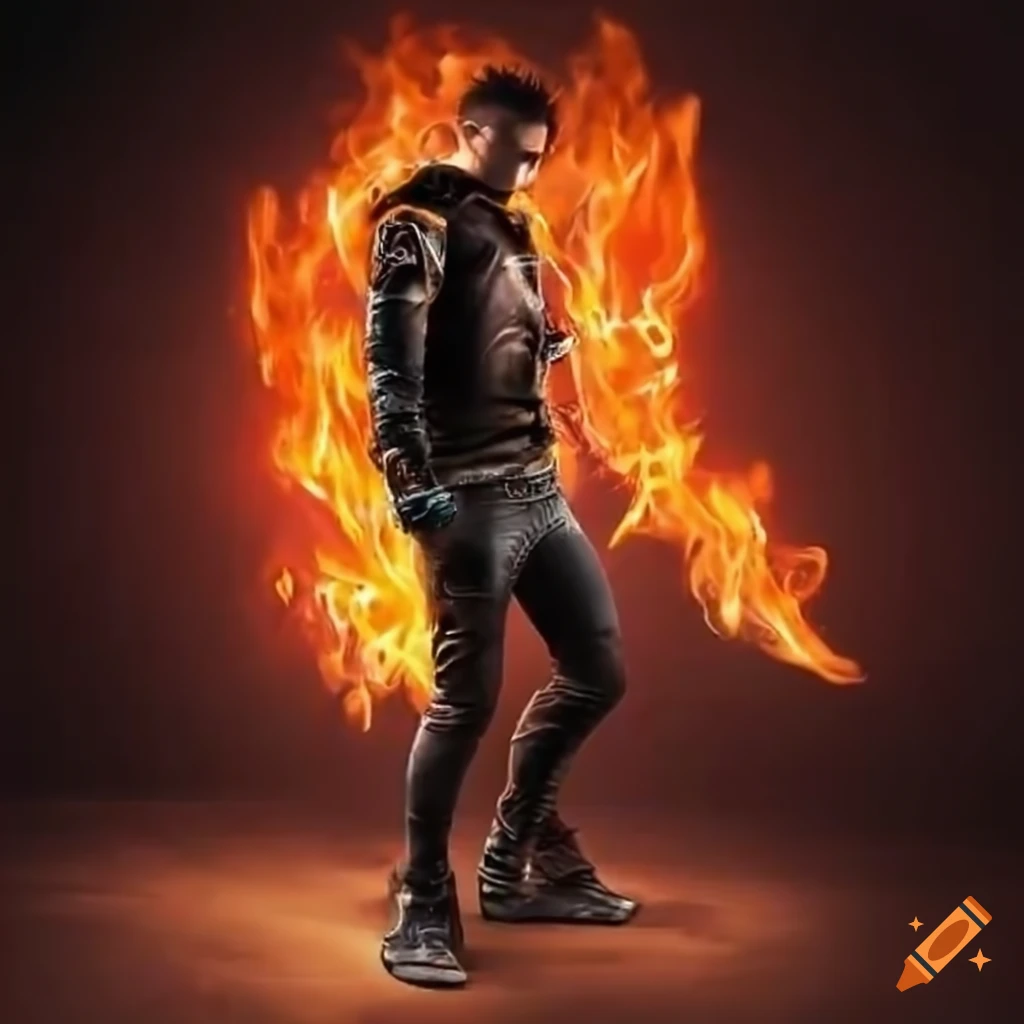 Young male biker with fire powers in action pose on Craiyon