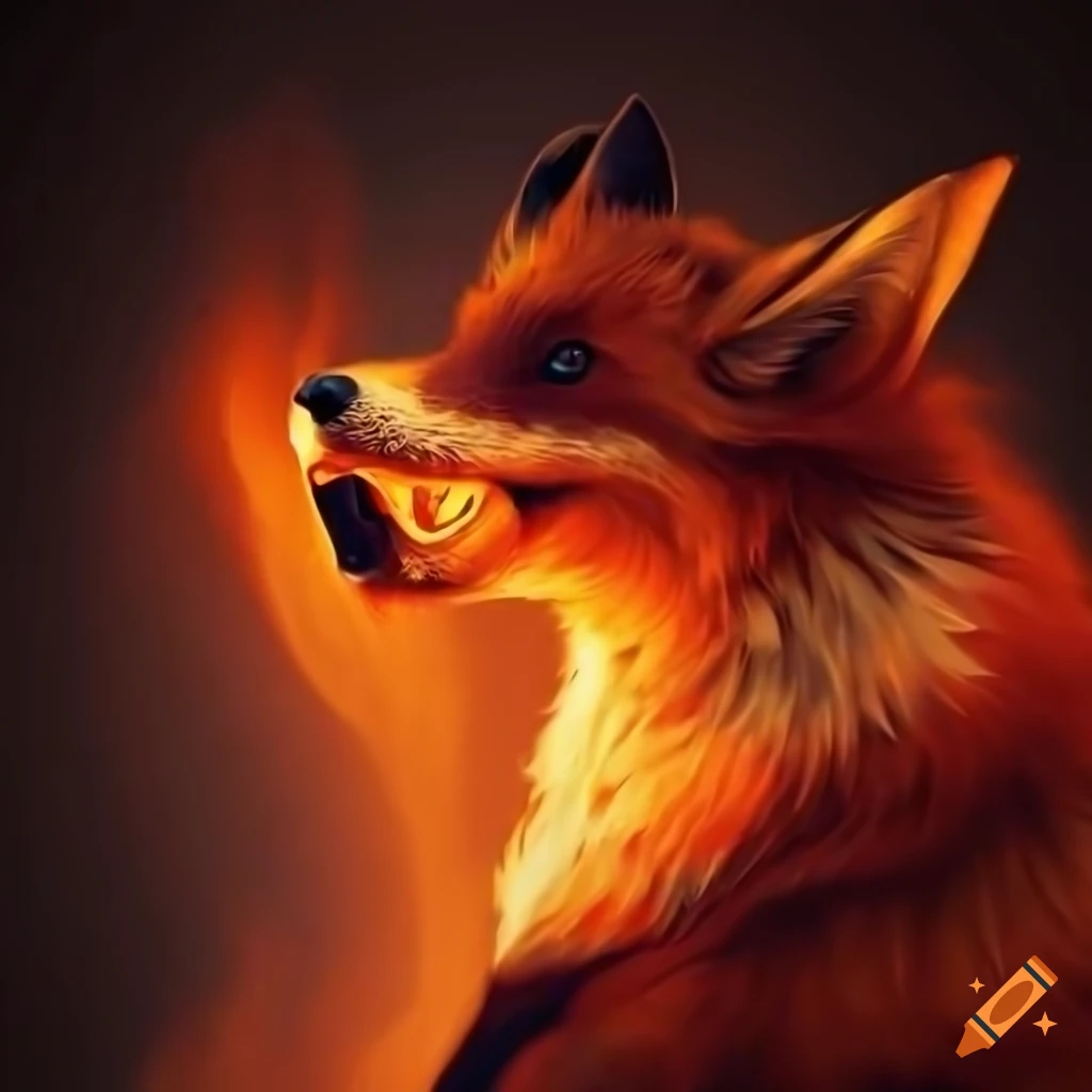 Image of an orange fox against a fire background