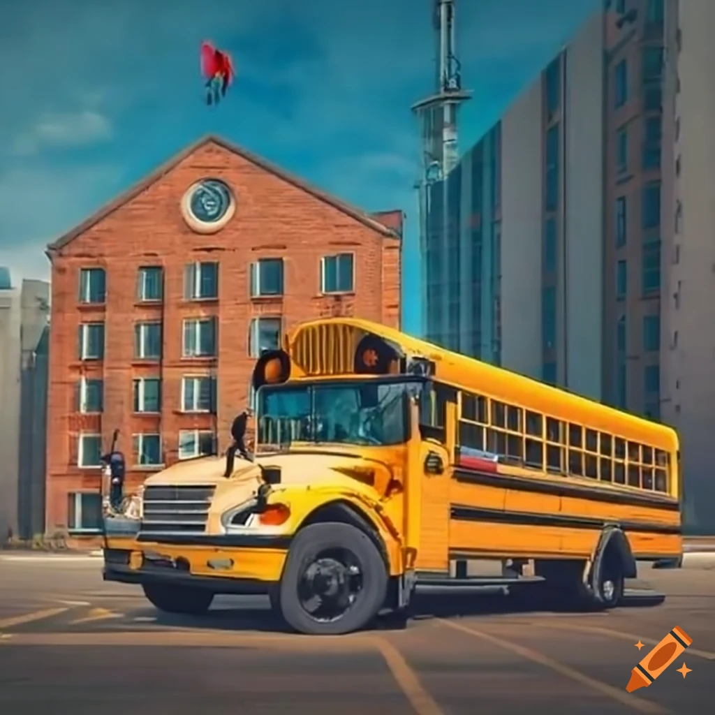 School bus parked in front of a beautiful school building