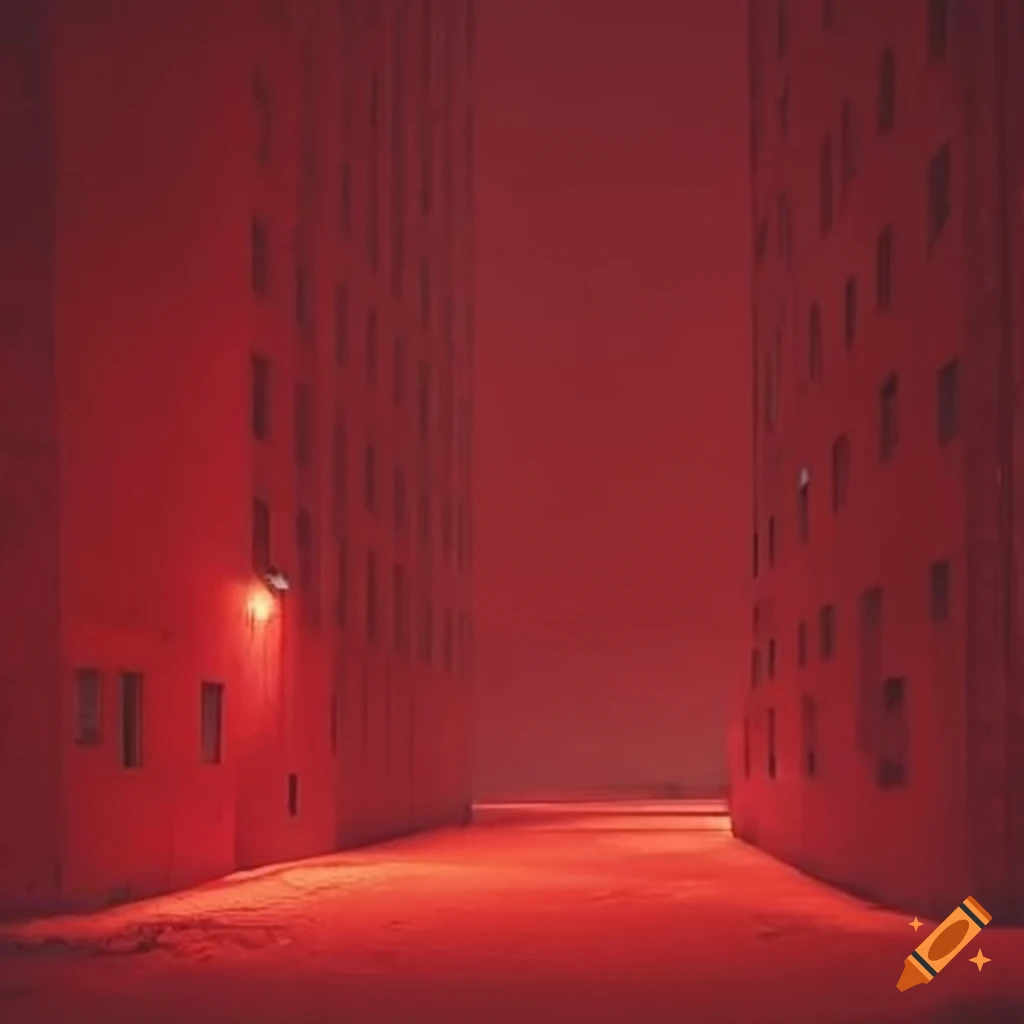 Small red building in a dark city on Craiyon