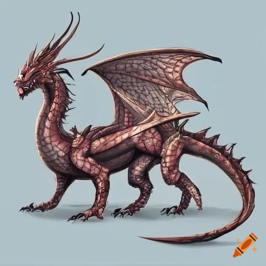 Side view illustration of a detailed dragon with wings and four legs on ...