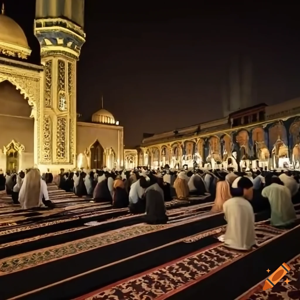 Muslims praying Tarawih in front of a mosque on Craiyon
